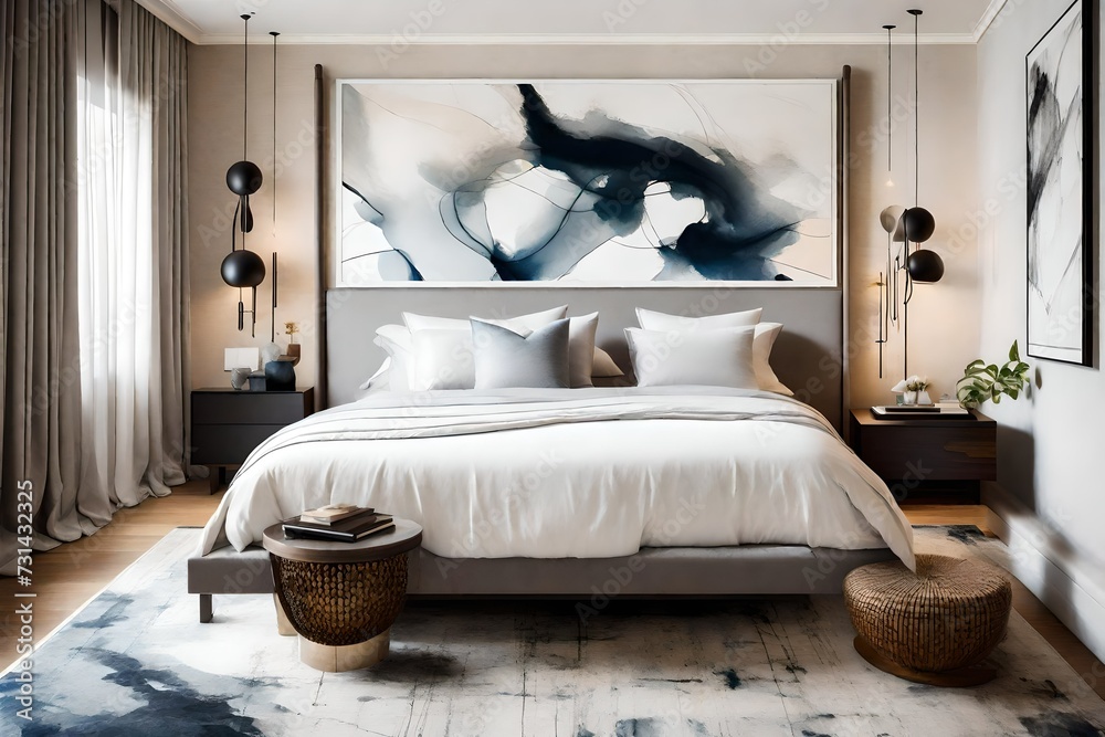 A balanced composition of ink abstract art pieces in the bedroom, their ...