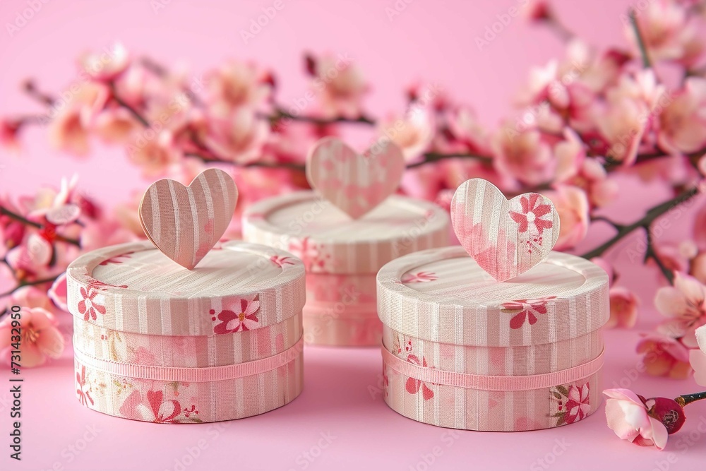 Cute gift boxes with paper hearts on romantic pink background, in the ...