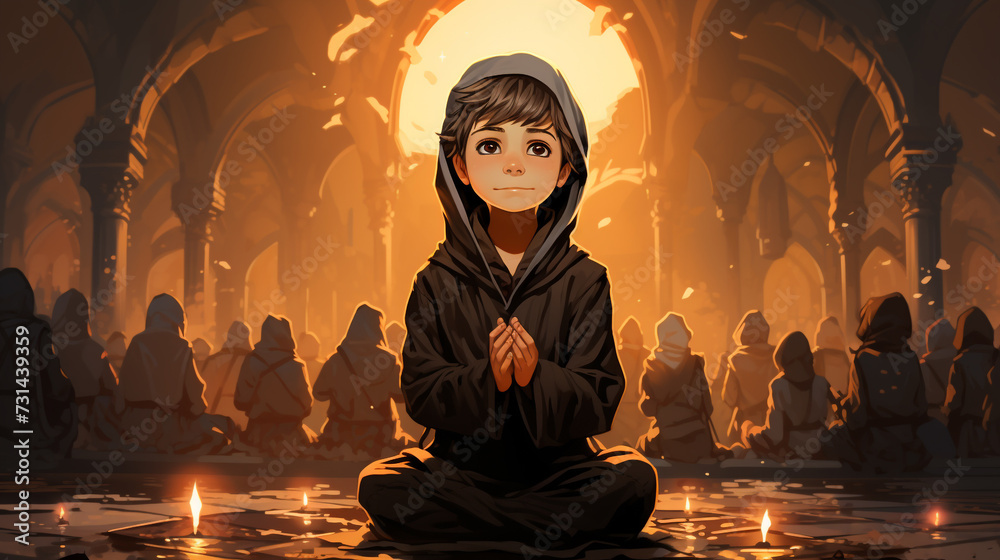 cartoon illustration of a full-body child praying tarawih in ...