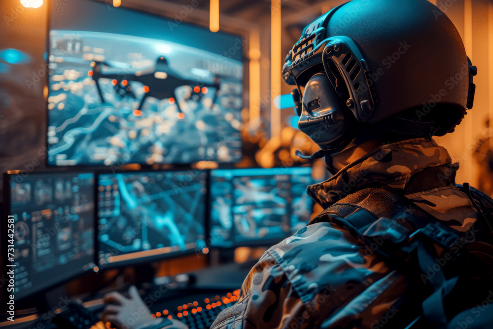Soldier Command operating at control panel in monitoring war room on war base. Generative AI ...