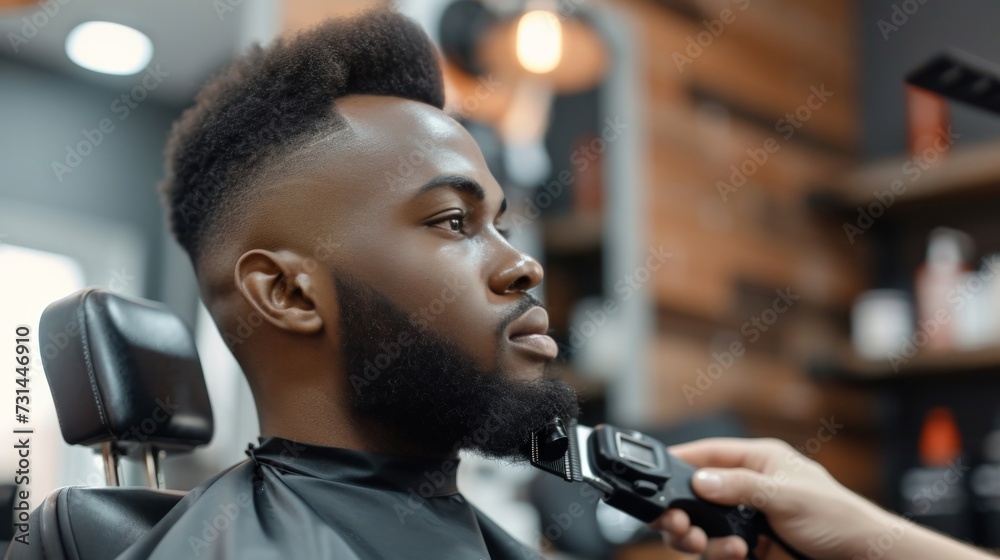 Barber trims hair with clipper on young unshaven black man in ...