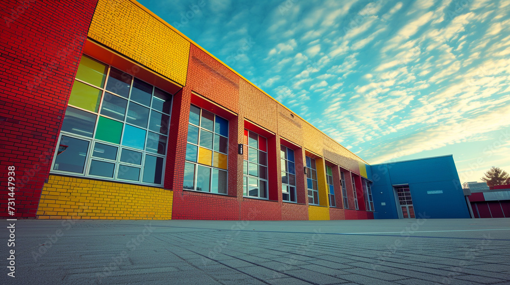 Exterior of a modern school building, colorful, brick, inviting ...