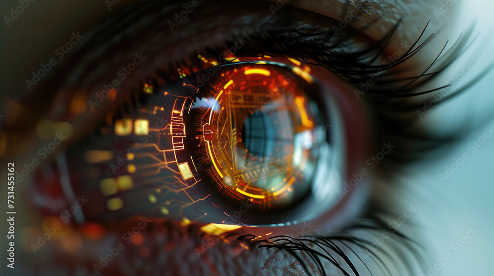 Zoomed-in image of a robotic eye with advanced sensors, mimicking human ...