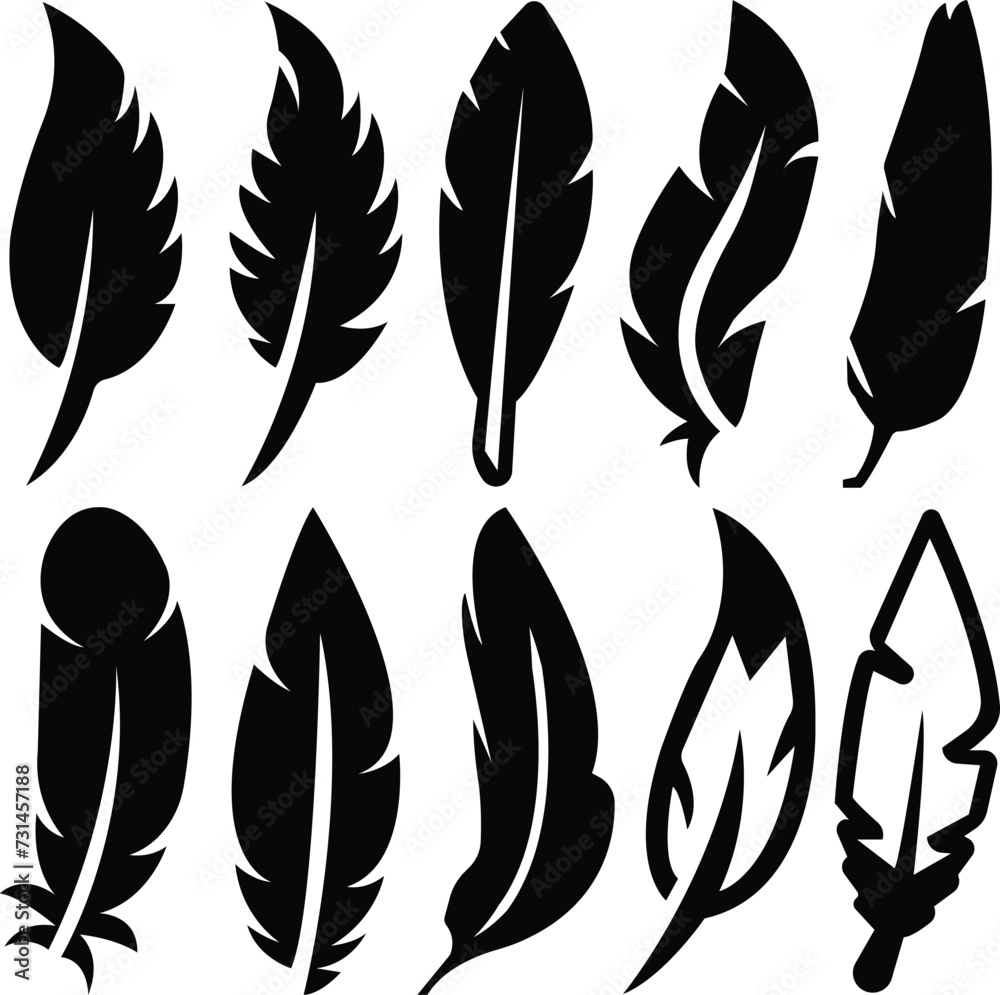 Set of Black Fill Feather icons. Vector illustration for graphic and ...