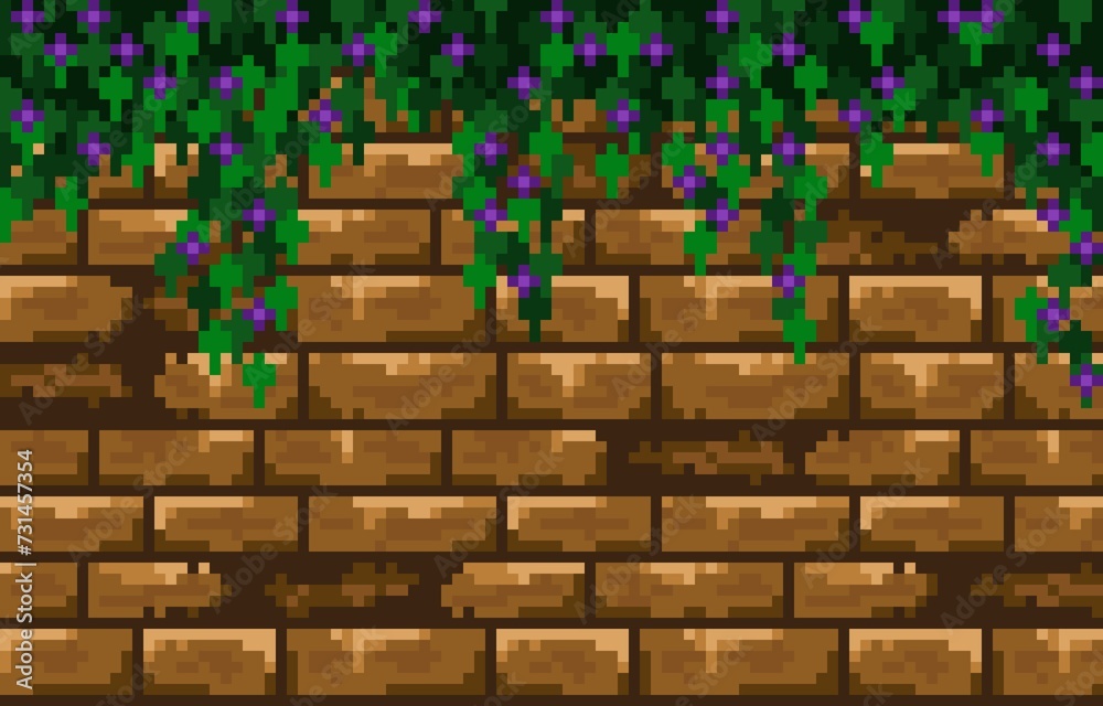 Pixel art 2D brick wall, orange brick texture aged brick wall with ...