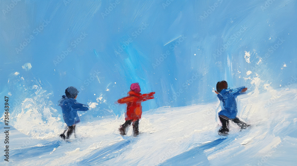 Impressionist Acrylic Painting of kids playing in the snow wearing ...