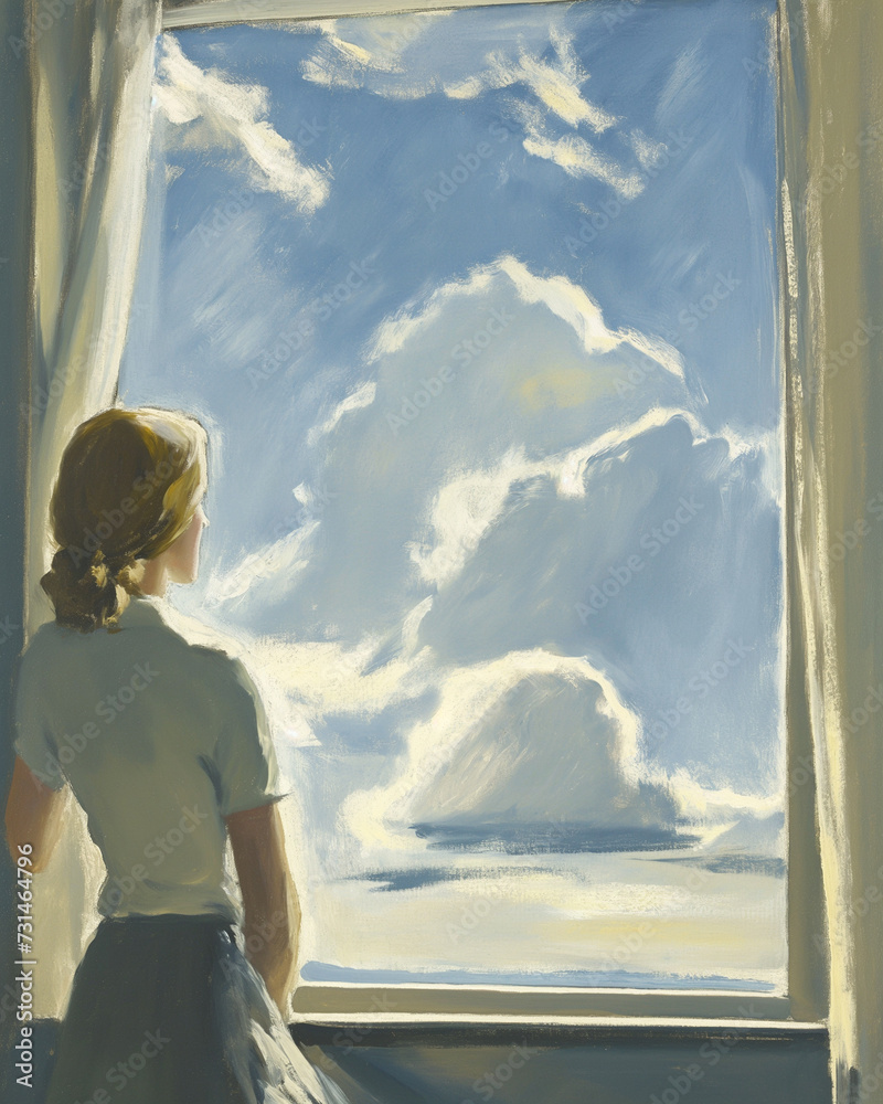 painting of a woman starring out a bright sunny window at puffy clouds ...