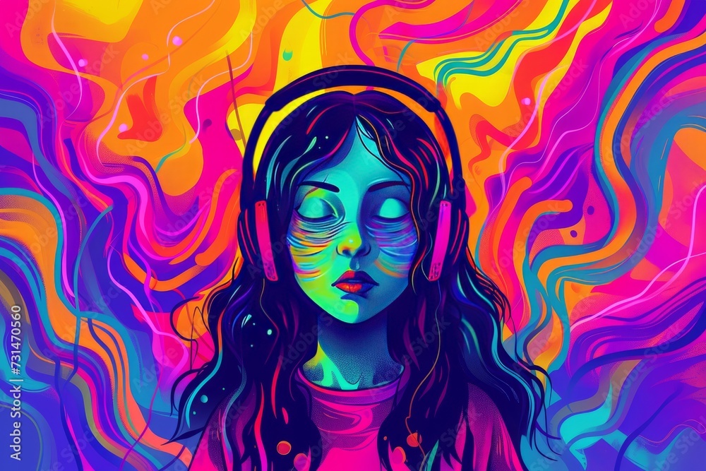 girl with headphones in a colorful vivid background. An illustration of ...