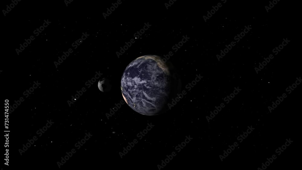 The moon rotates around Earth at night, with a low-angle view against a ...