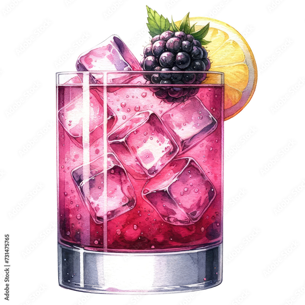 Bramble Cocktail Watercolor Illustration with Lemon Slice and ...