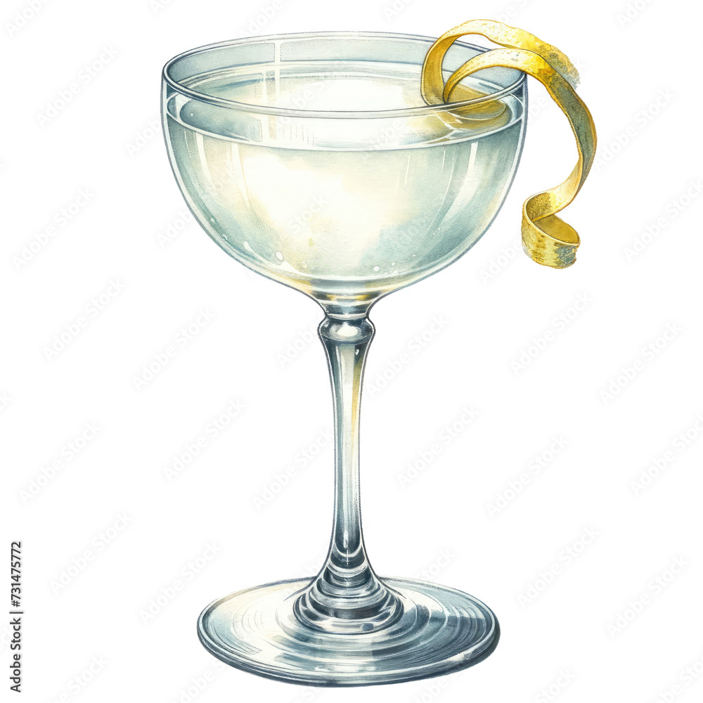 Corpse Reviver Cocktail Watercolor Illustration with Lemon Twist ...