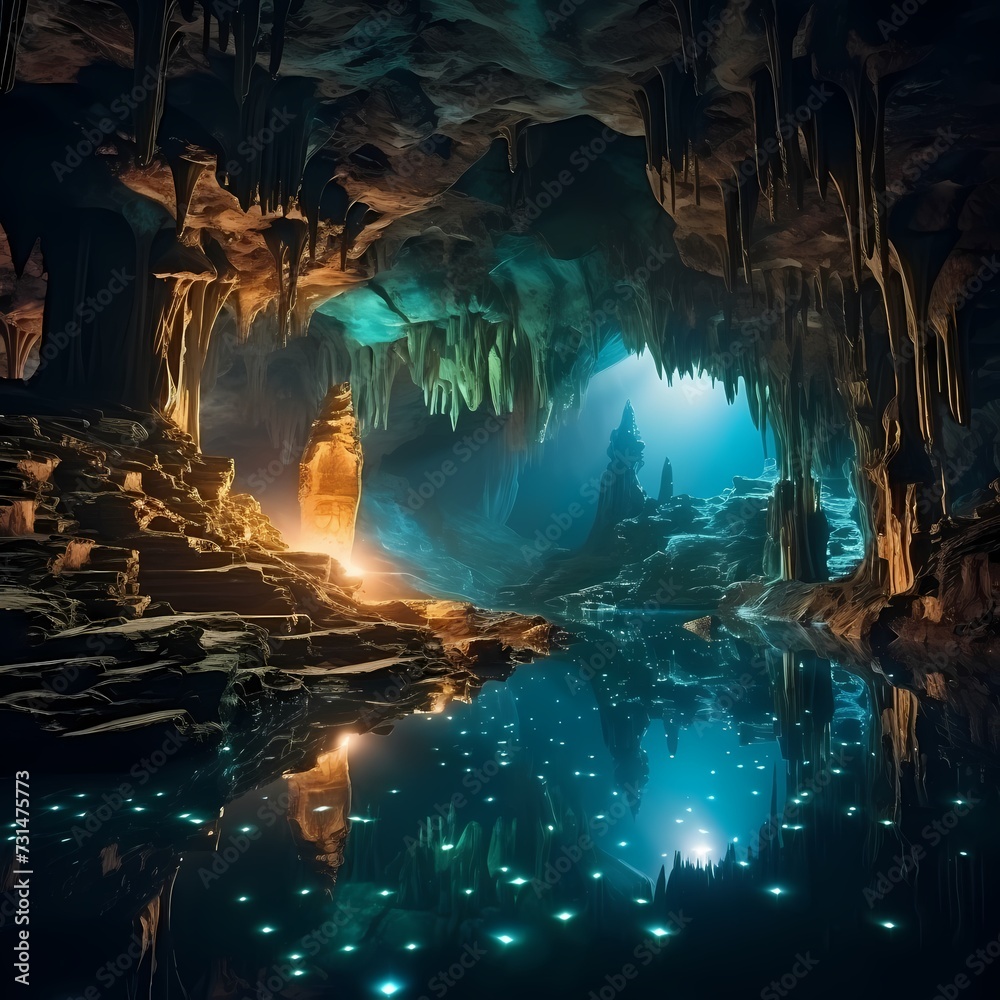 A mysterious cave with bioluminescent crystals, casting an enchanting ...