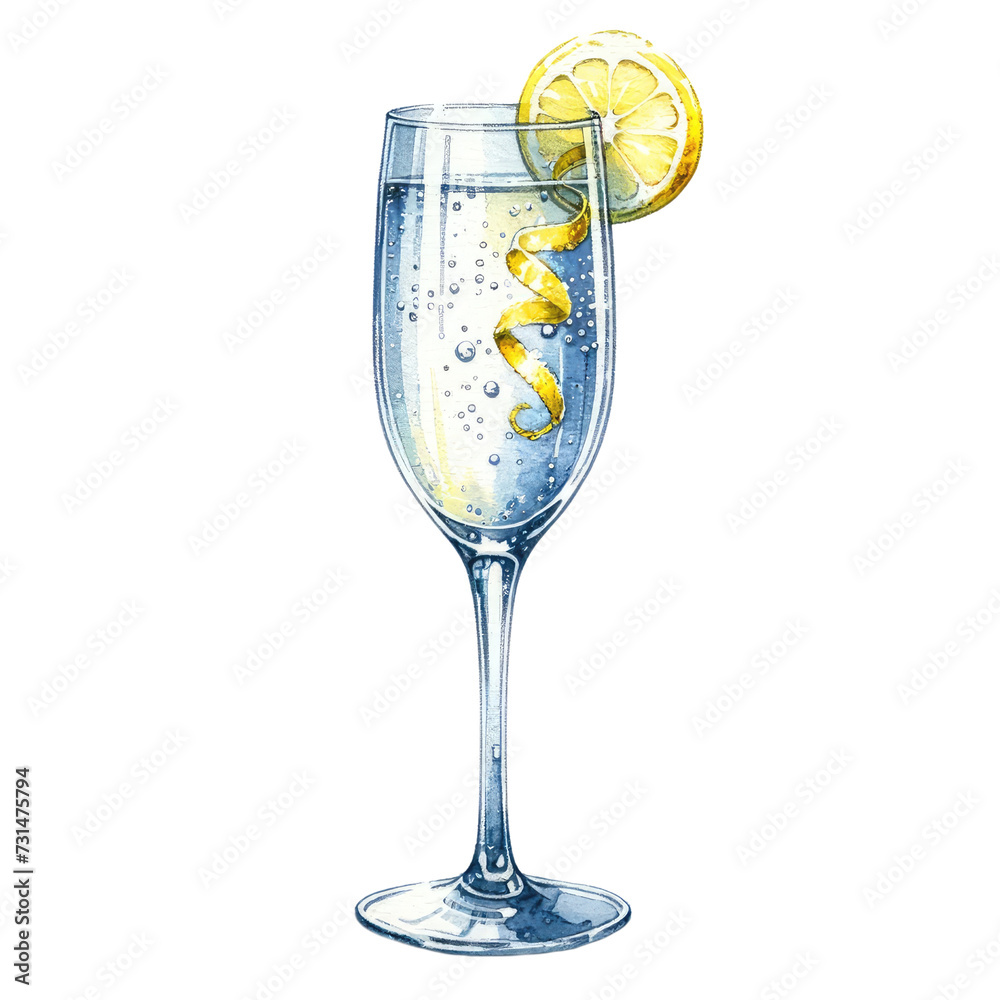 French 75 Cocktail Watercolor Illustration with Lemon Twist Garnish ...