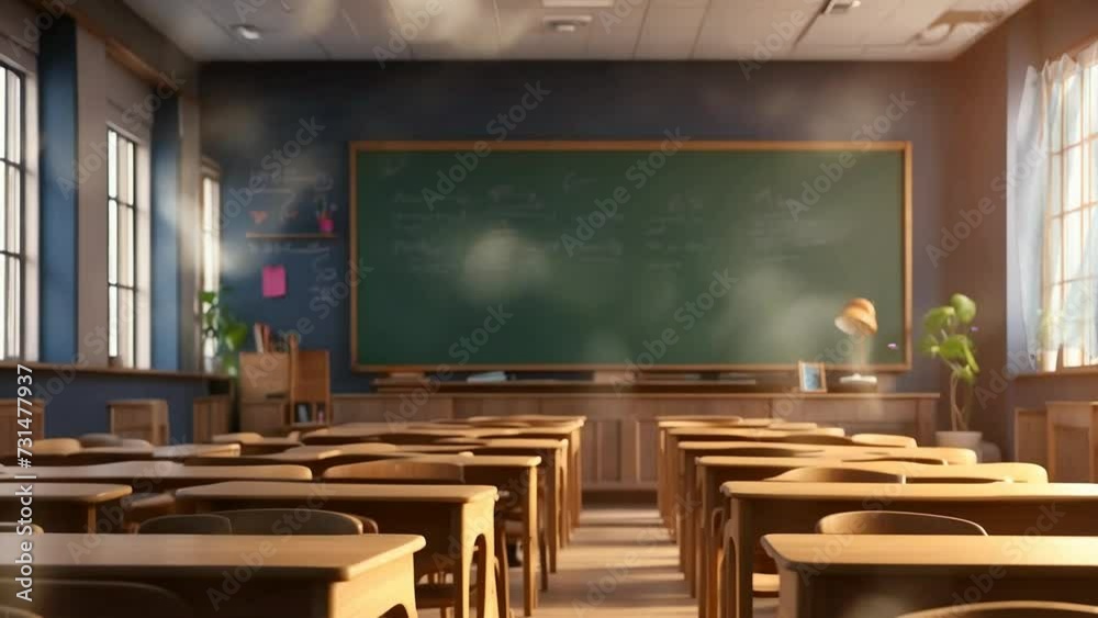 empty classroom with big green chalkboard, tables and chairs. Back to ...