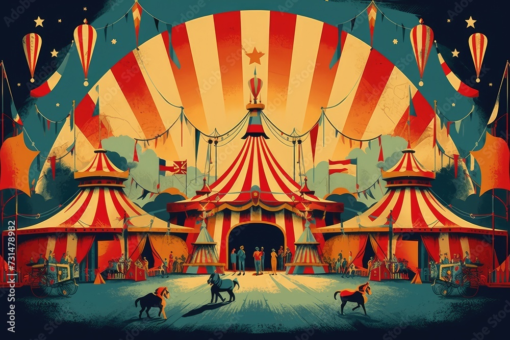 A vibrant painting capturing the lively scene of a circus with horses ...