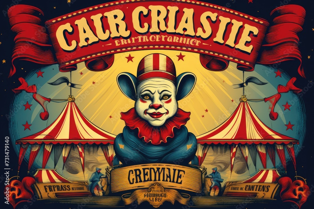 This vibrant and lively circus poster showcases a delightful clown ...