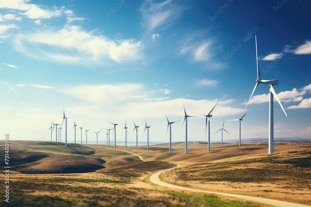 A bunch of windmills placed in a grassy area, harnessing the power of ...