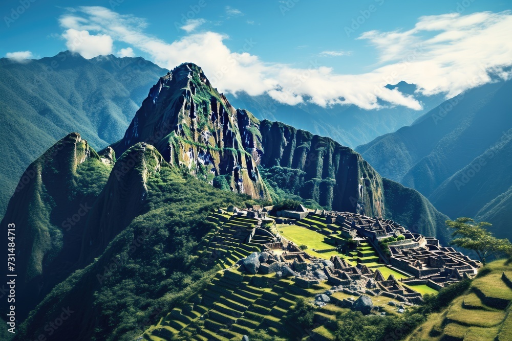 This image captures the ancient Inca city of Machu Picchu, showcasing ...