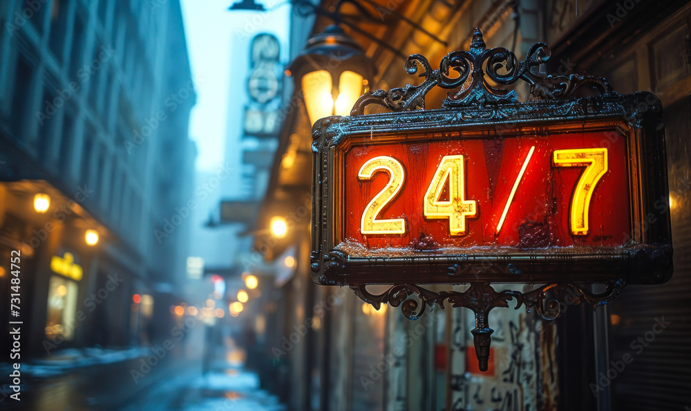Illuminated vintage '24/7' sign hanging on a rainy evening, glowing ...