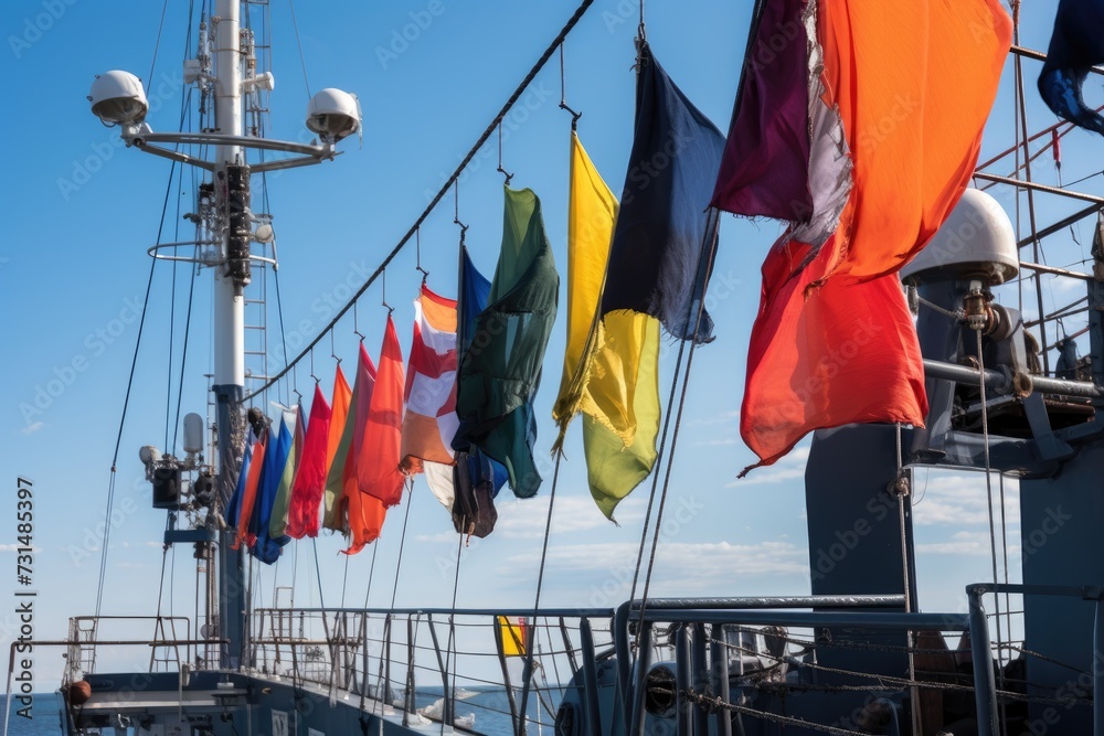 A vibrant row of flags adorns the side of a boat, showcasing different ...