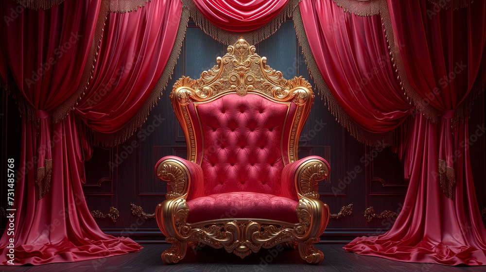 Luxury golden velvet curtain, The Throne Room with Gold royal chair on ...