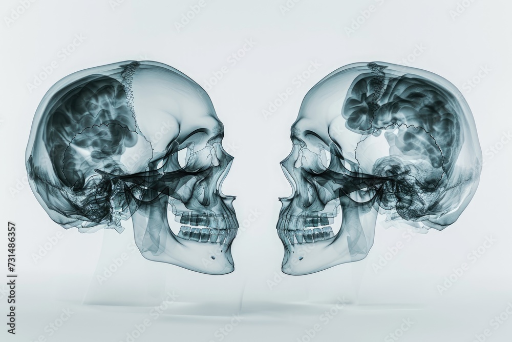 This photo shows a pair of human skulls, with their heads turned to the ...
