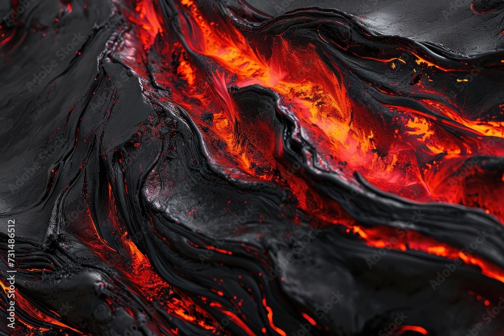 This close-up photograph shows a black and red substance with intricate ...
