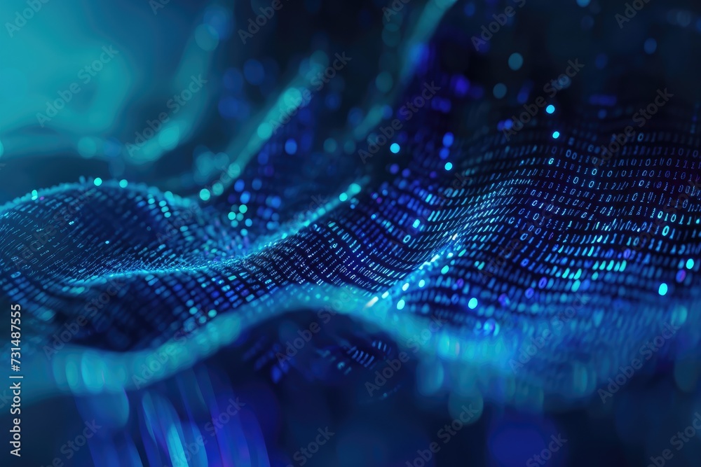 A computer screen displaying a distinctive wave pattern, A binary code ...