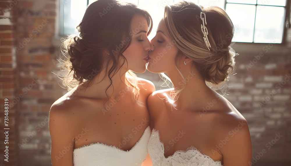 Two lesbian brides kiss in the loft after the wedding Stock Photo | Adobe Stock