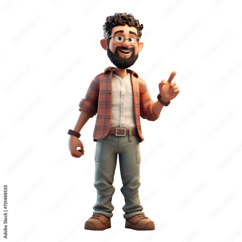 The 3D animation character is a man with glasses and a beard, wearing ...