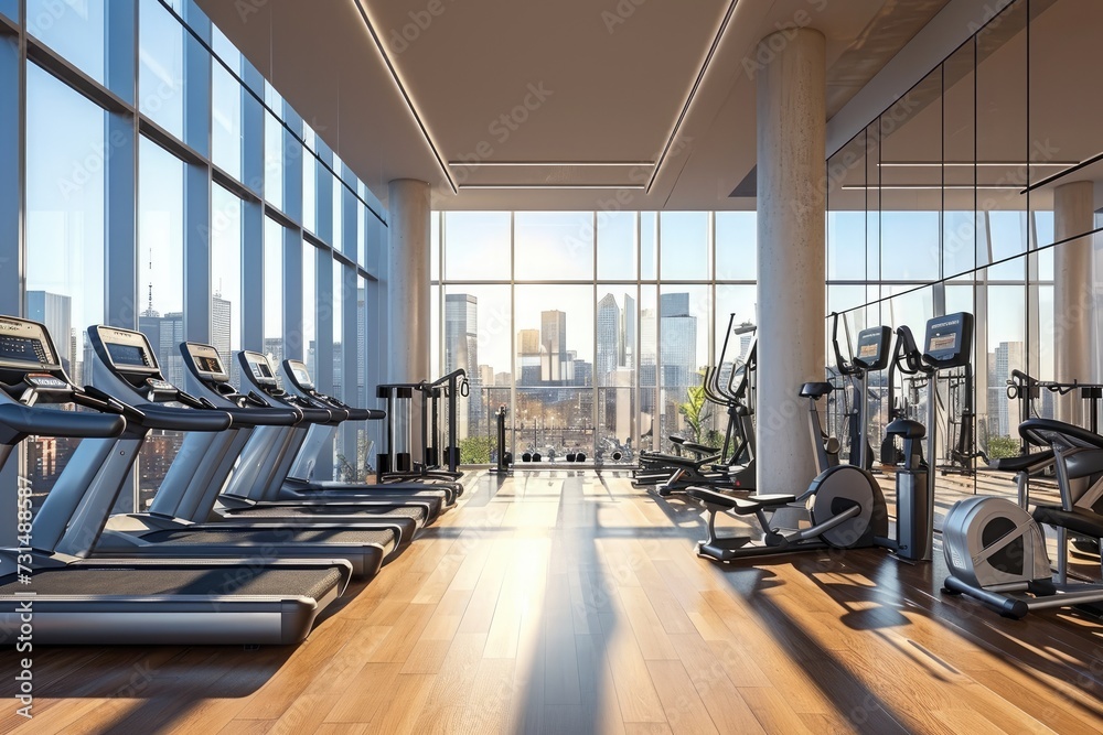This photo showcases a well-lit gym with an abundance of treadmills and ...
