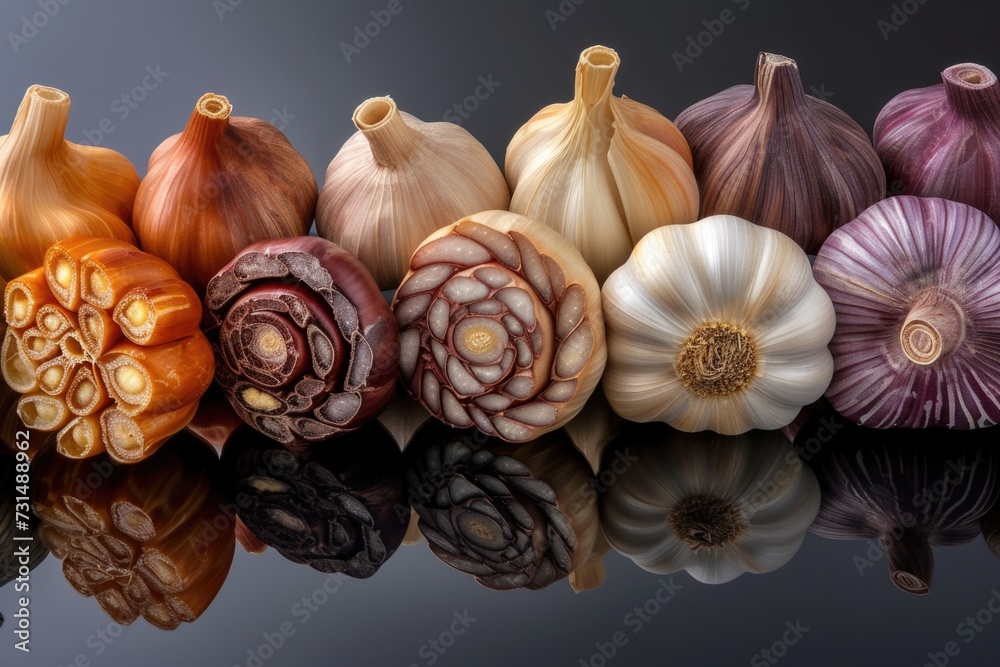 Assorted Garlic Varieties and Cross Sections. A collection of diverse ...