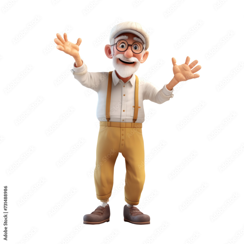The 3D animation character portrays a grandpa with open arms, warmly ...