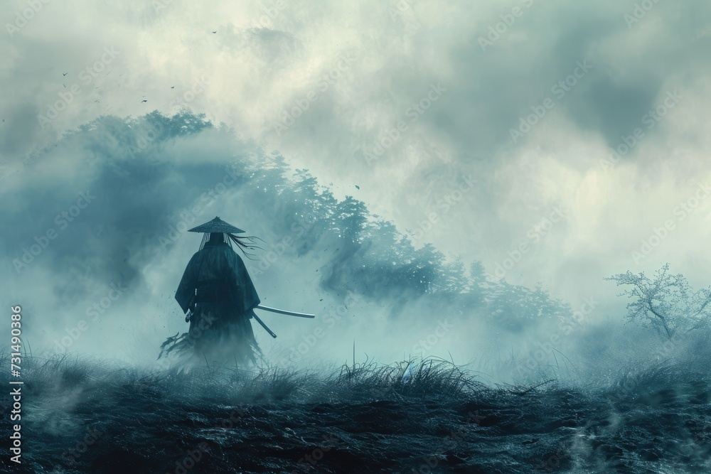A man wearing a hat and holding a sword is standing in a mysterious fog ...