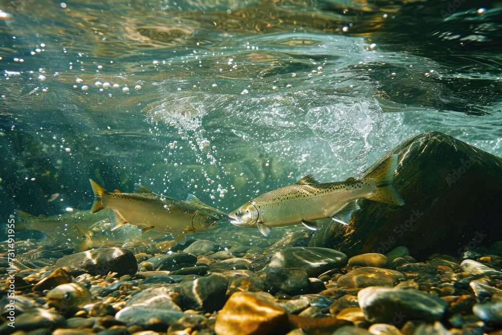 A group of fish gracefully swim together on top of a serene body of ...
