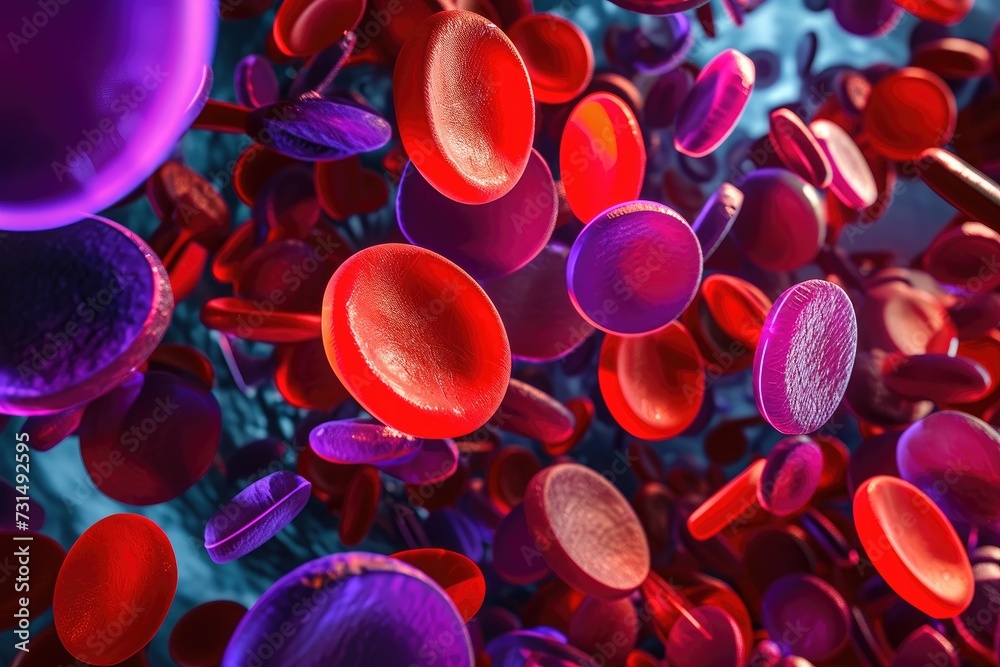 A mixture of red and purple blood cells seen floating in a liquid, A ...