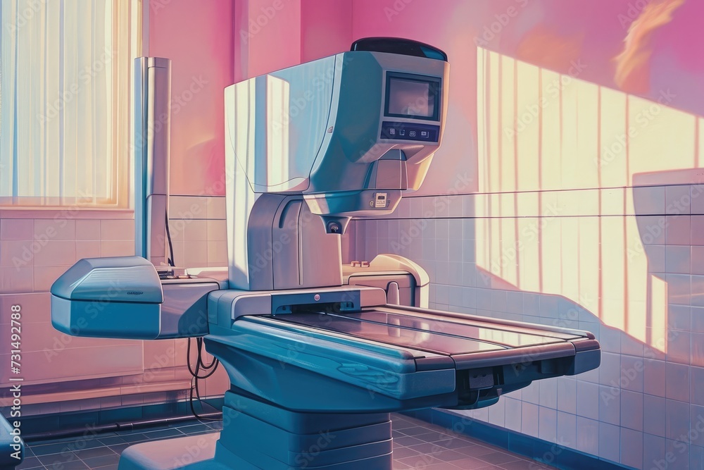 A hospital room showcasing a medical machine placed prominently in the ...