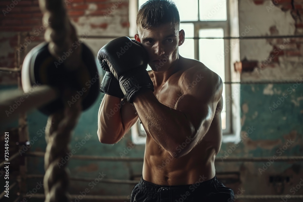 A shirtless man stands confidently in a boxing ring, ready for a ...