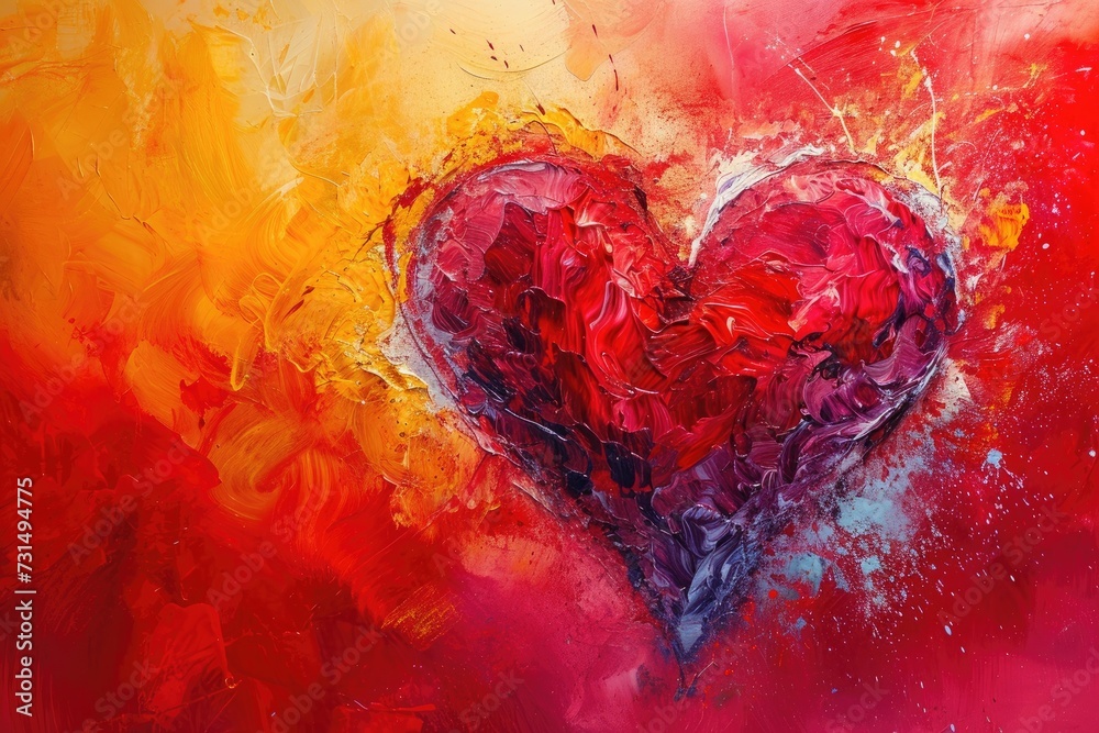 A painting showing a heart shape on a background of red and yellow ...