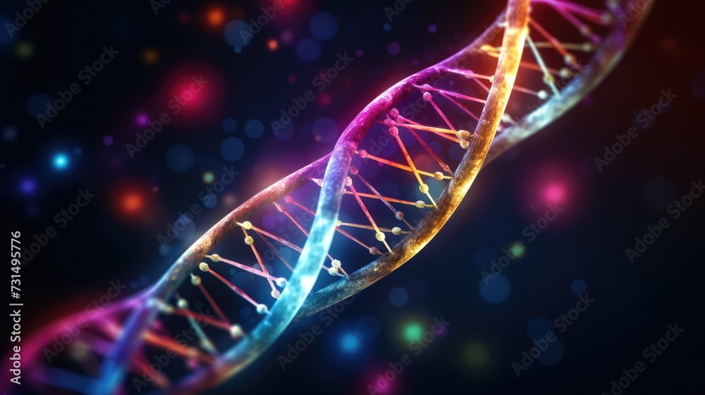 Pink-blue double strand of dna strands on a black background with neon ...