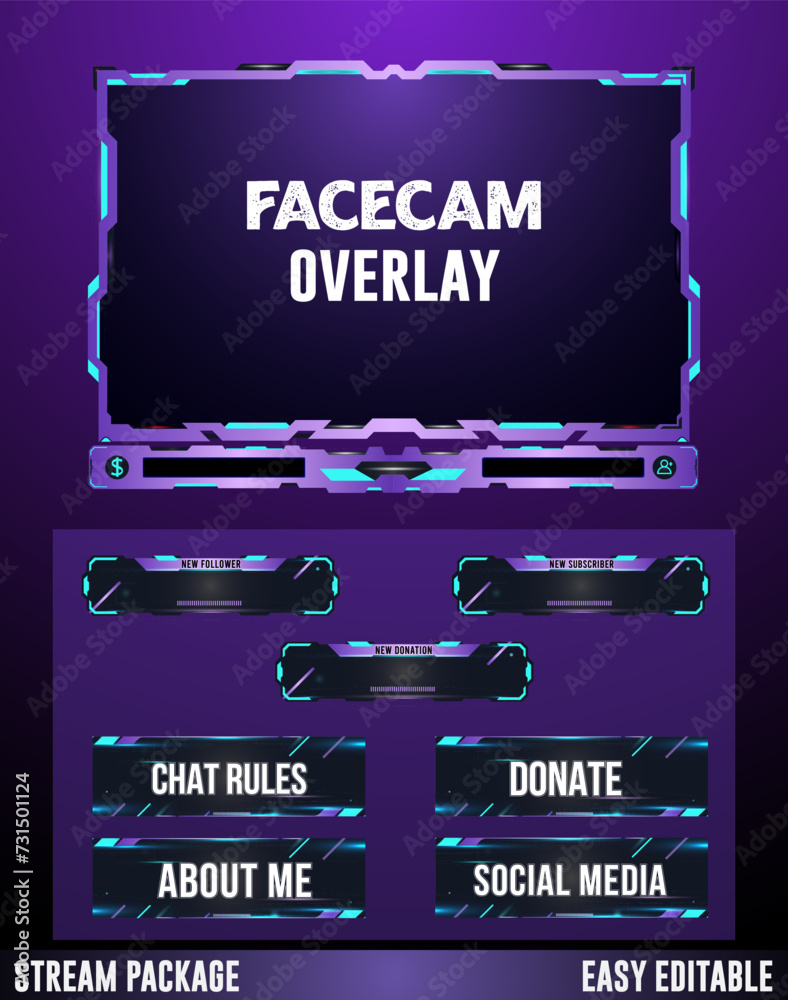 Neon live stream gaming facecam alert and panel element design Stock ...