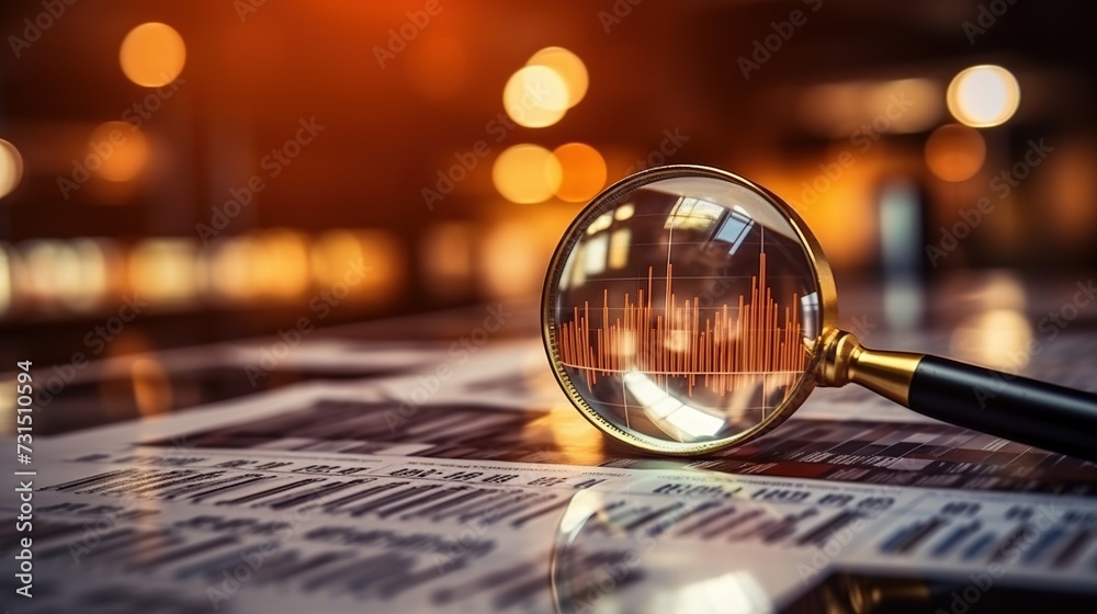 Magnifying glass on charts graphs spreadsheet paper. Business data ...