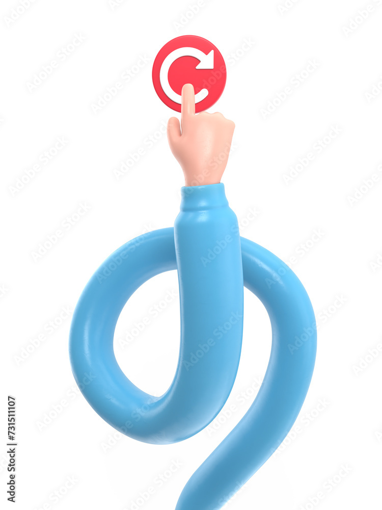 Reboot concept. Restarting technology. Hand to push big red button. 3d ...