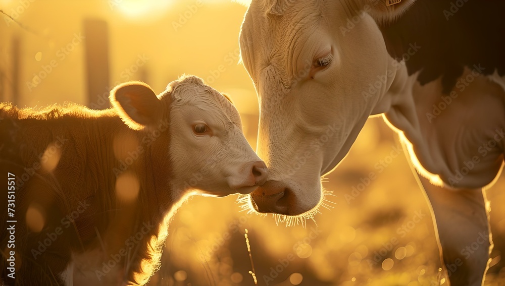 Tender moment between mother cow and calf in golden light. serene farm ...