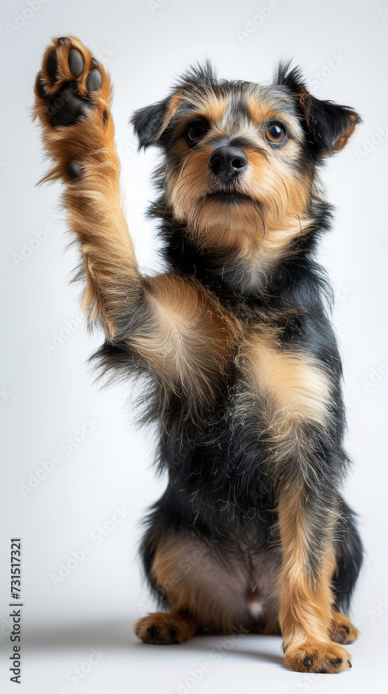 Small Dog Paw Up. A small black and tan dog stands on hind legs, paw ...