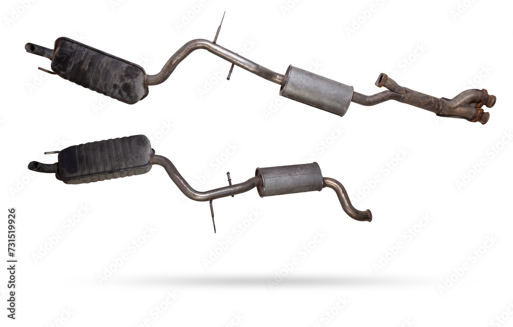 Car double exhaust system on a white isolated background with a muffler ...