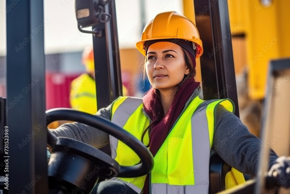 Close up of A female foreman driving forklift at shipping container ...