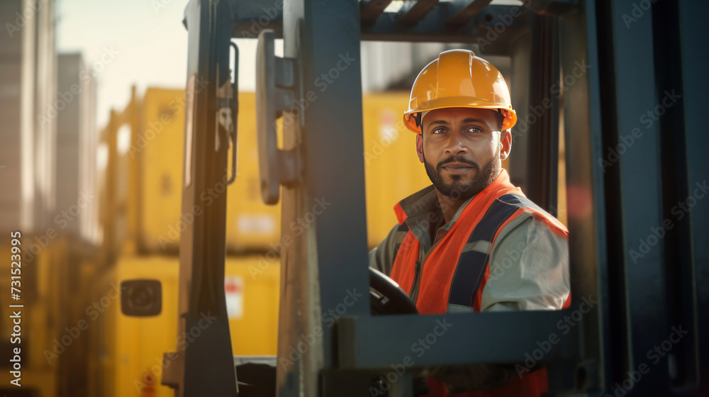 Close up of A male foreman driving forklift at shipping container yard ...