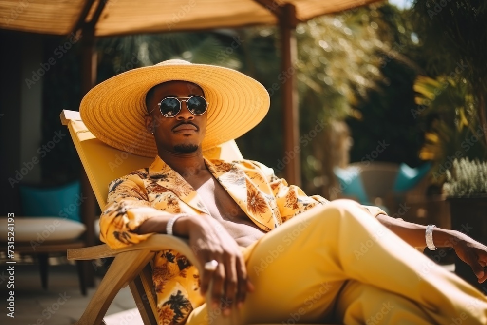 African American black man in sunglasses and hat sits comfortably on a ...