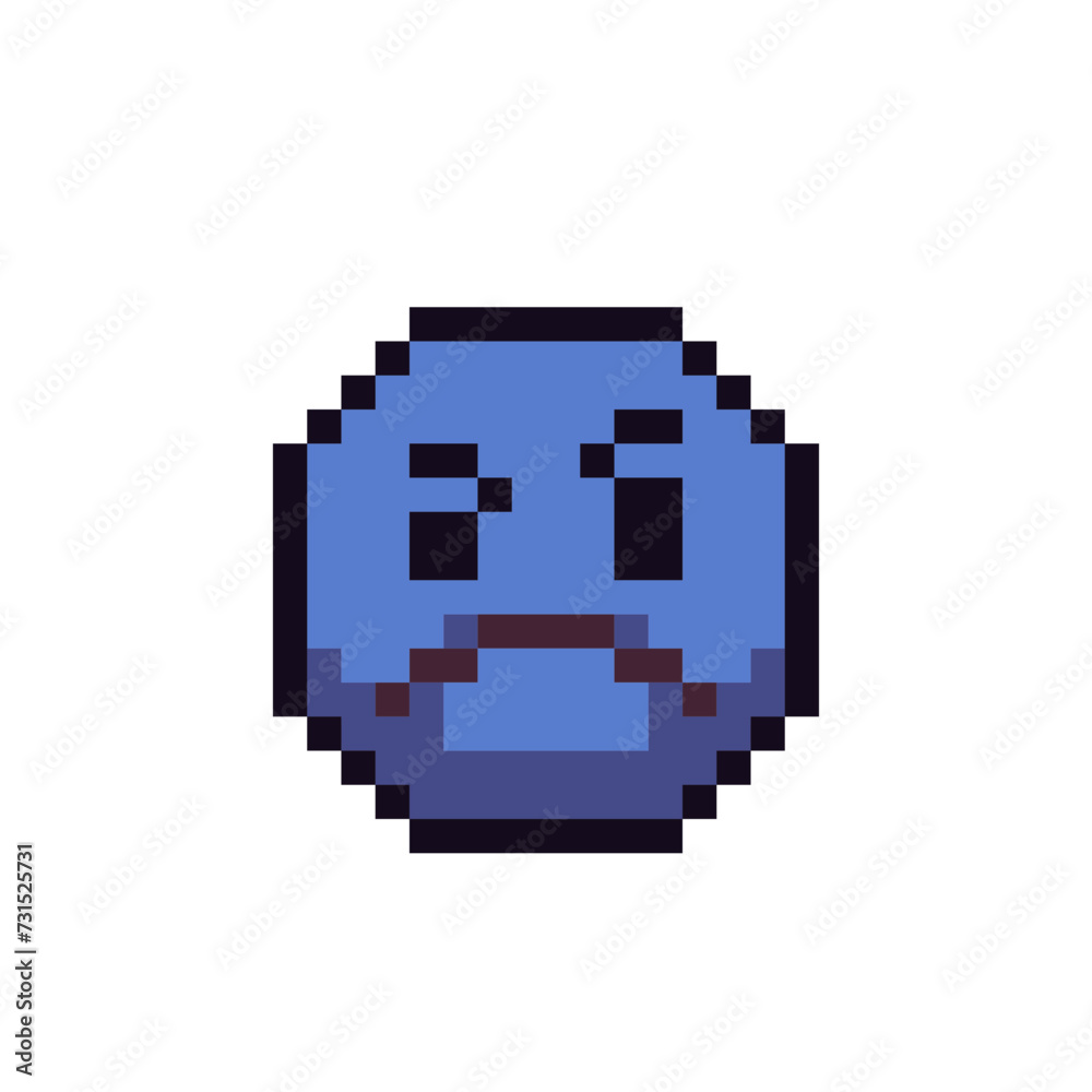 Sad emoticon, pixel art icon, blue face, smile cartoon character. 8-bit ...